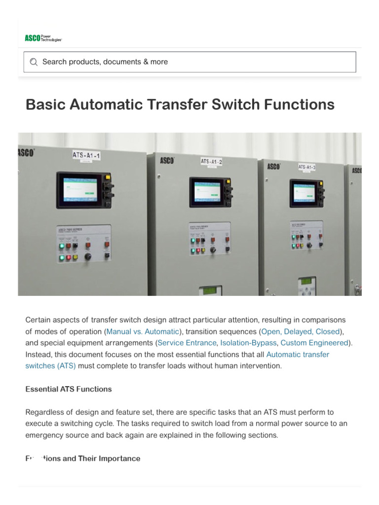 Basic Automatic Transfer Switch Functions - ASCO Power Technologies | PDF | Switch | Electrical ...