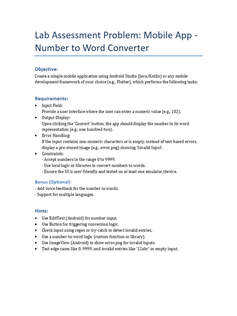 NumberToWord MobileApp Assessment | PDF