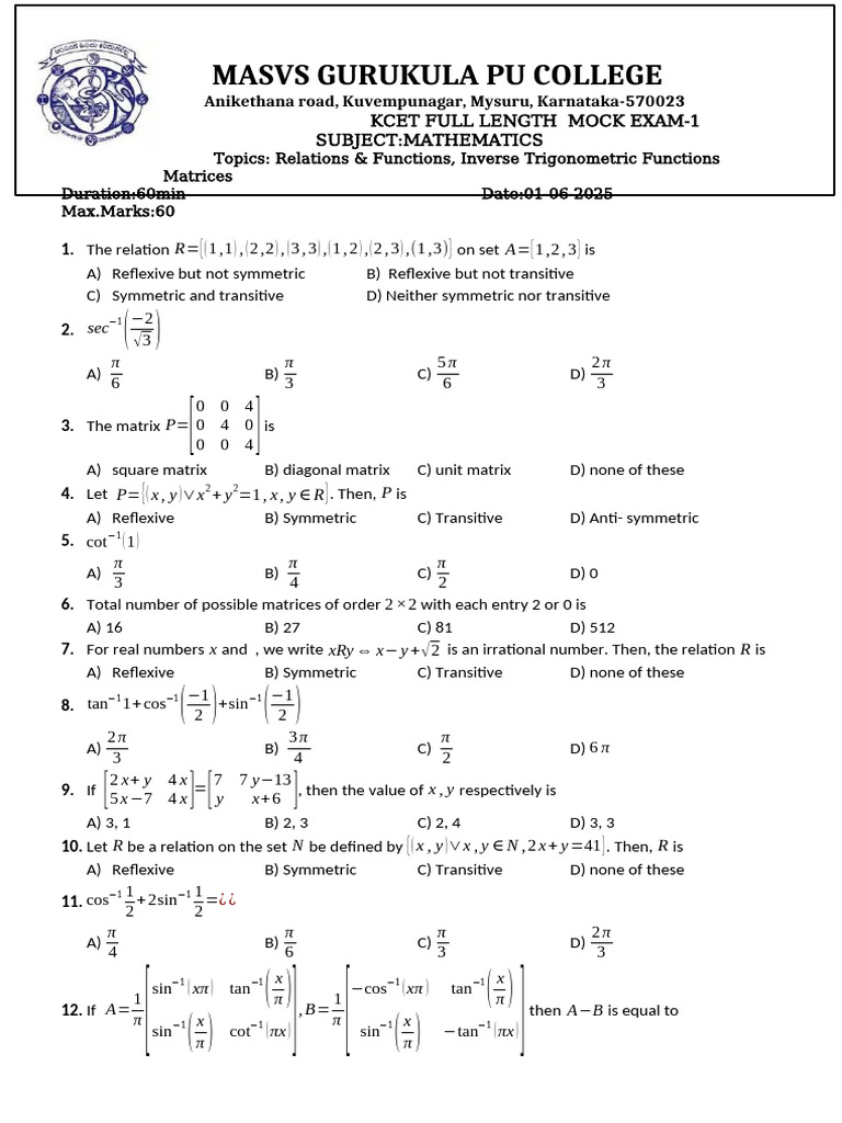 2025 Matrix Exam Mock Paper | PDF | Matrix (Mathematics) | Function ...
