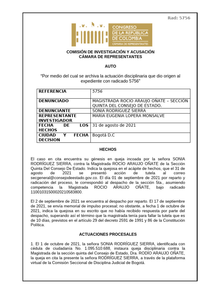 Por Medio Del Cual Se Archiva La Actuación Disciplinaria Que Dio Origen ...