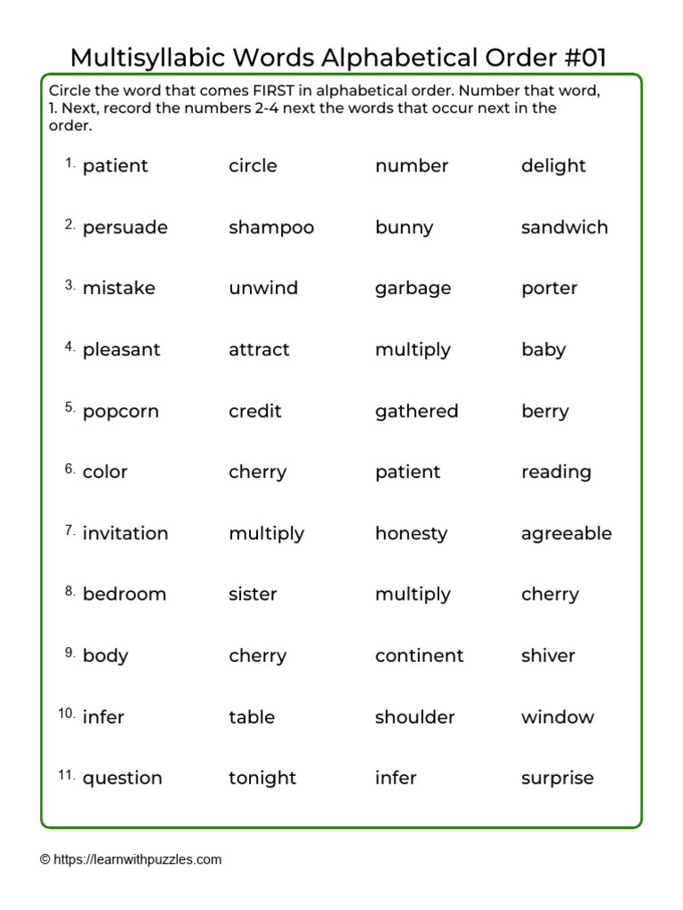 Multisyllabic Words Alphabetical Order 01 | PDF