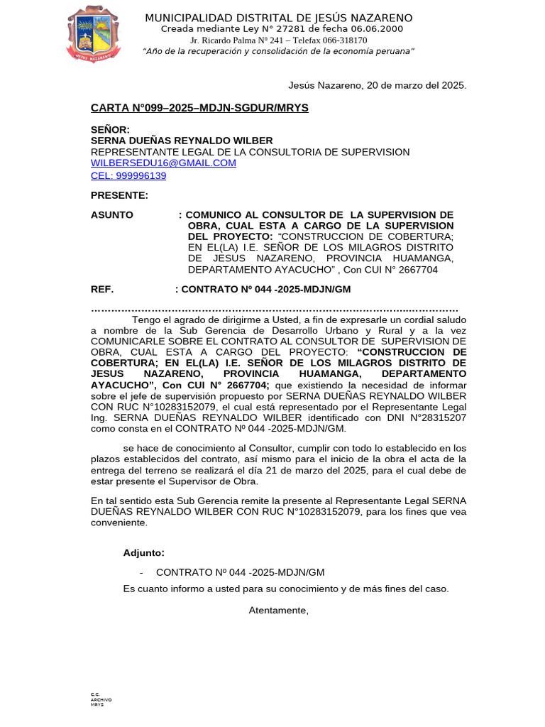 Carta 099-2025 Comunico Al Supervisor para Inicio de La Obra-Techado | PDF