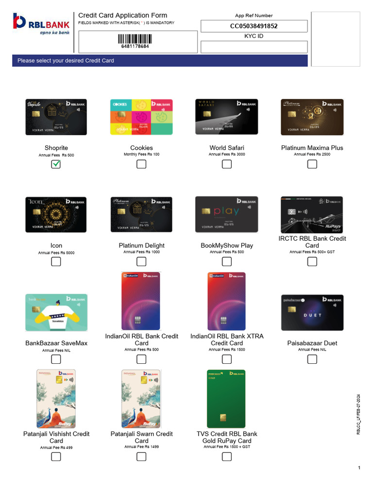 RBL Bank Credit Card Application Form | PDF | Credit Card | Banks