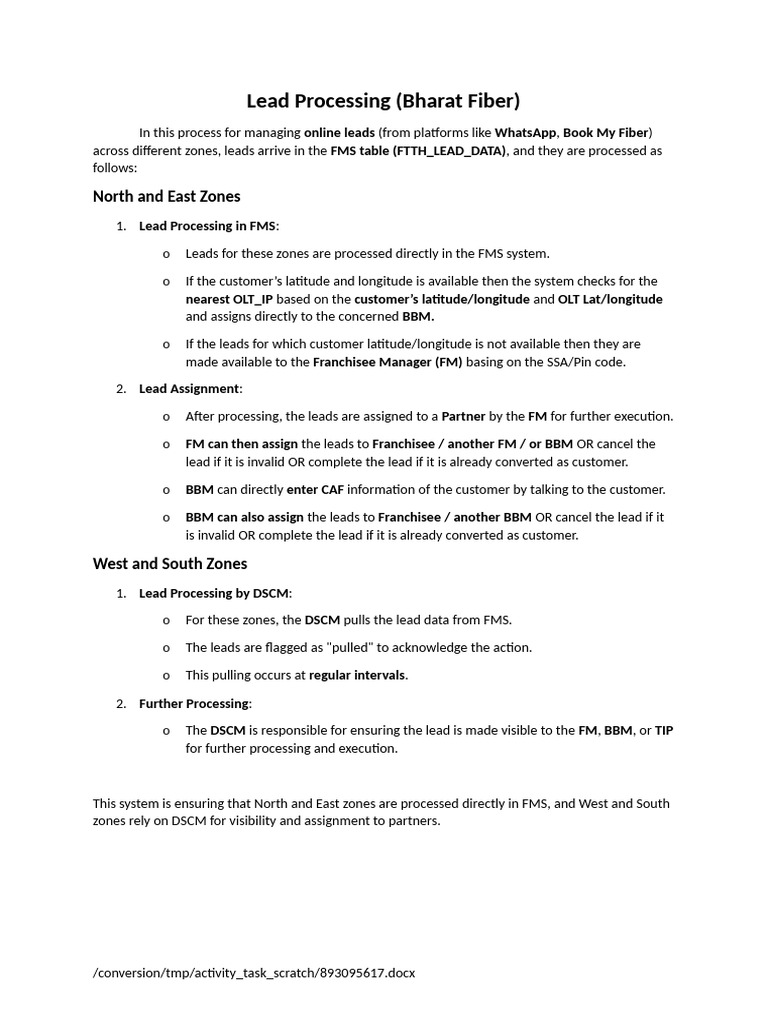 Lead Processing in FMS-DSCM (FTTH) | PDF