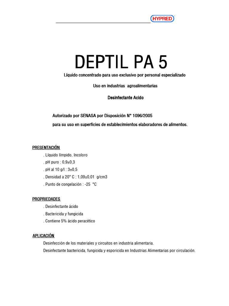 Ficha Técnica Deptil PA5 V1.2 | PDF | Química