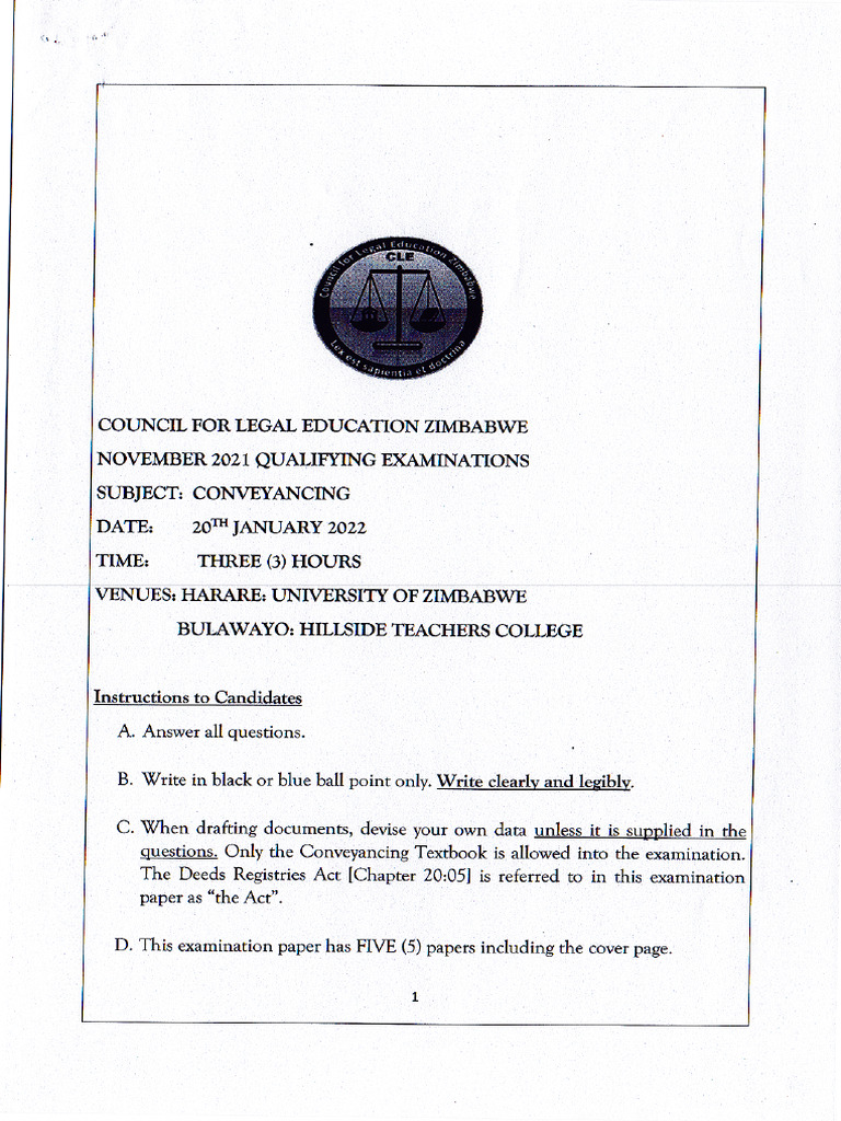 Conveyancing Jan 2022 - Council For Legal Education Past Paper | PDF
