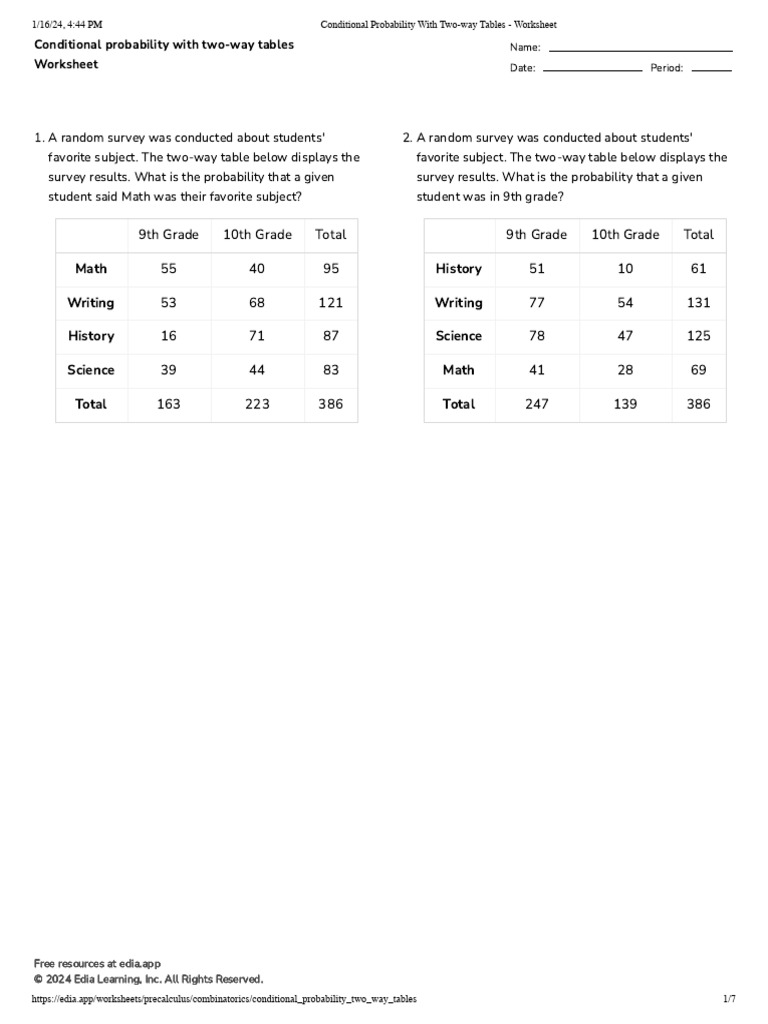 Conditional Probability Worksheet | PDF | Educational Stages ...