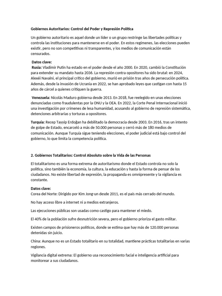 Lectura 2 Politica. Once. Gobiernos Autoritarios | PDF | Gobierno ...