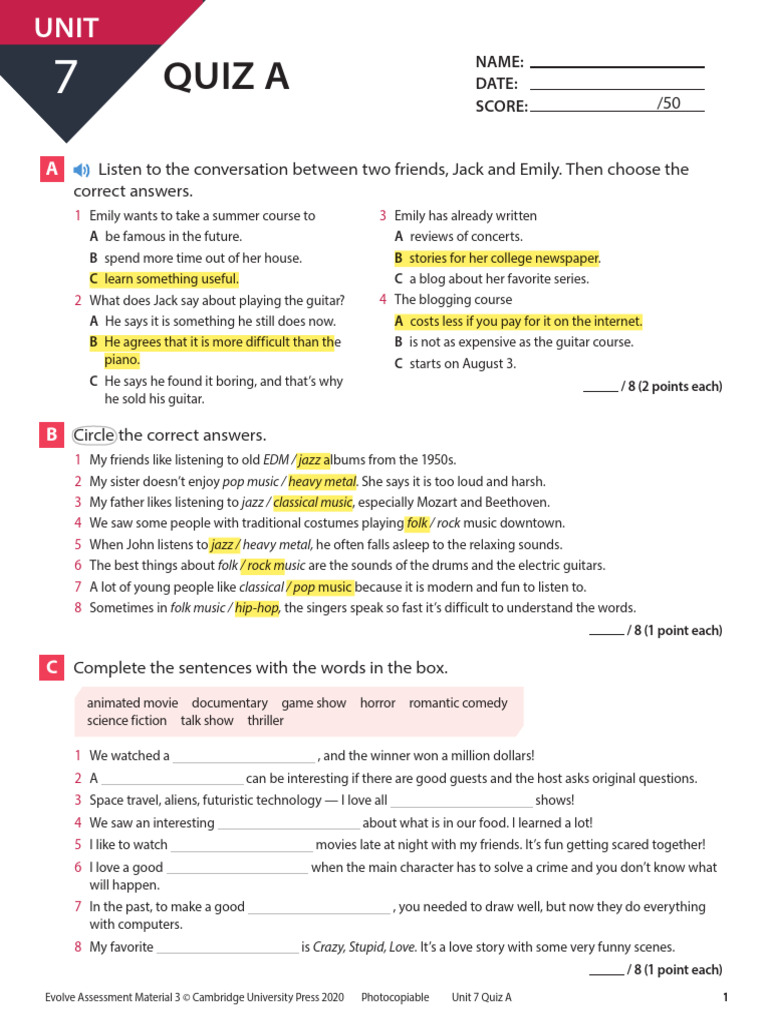 Evolve - L3 - Unit 7 Quiz - A | PDF