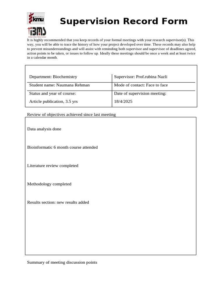 Research Supervision Record Form Template | PDF