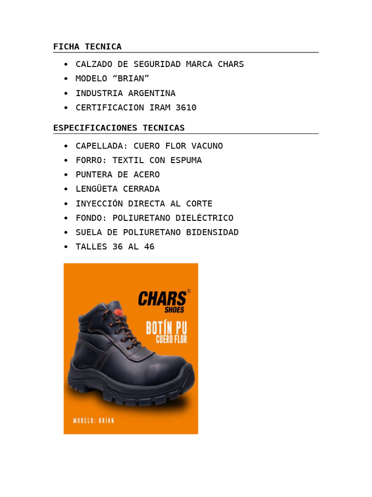 FICHA TECNICA - CALZADO SEGURIDAD CHARS MODELO BRIAN | PDF