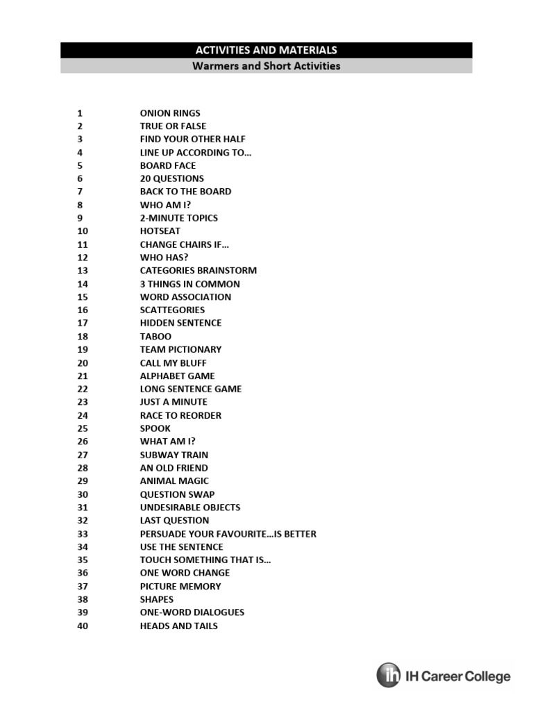 Engaging Classroom Activities List | PDF | Word | Shape