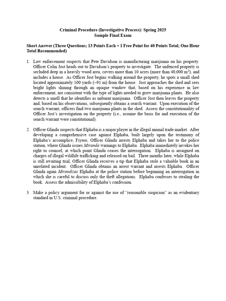 Crim Pro (Inv.) Sample Final (Spring 2025) - 1 | PDF | Search Warrant ...