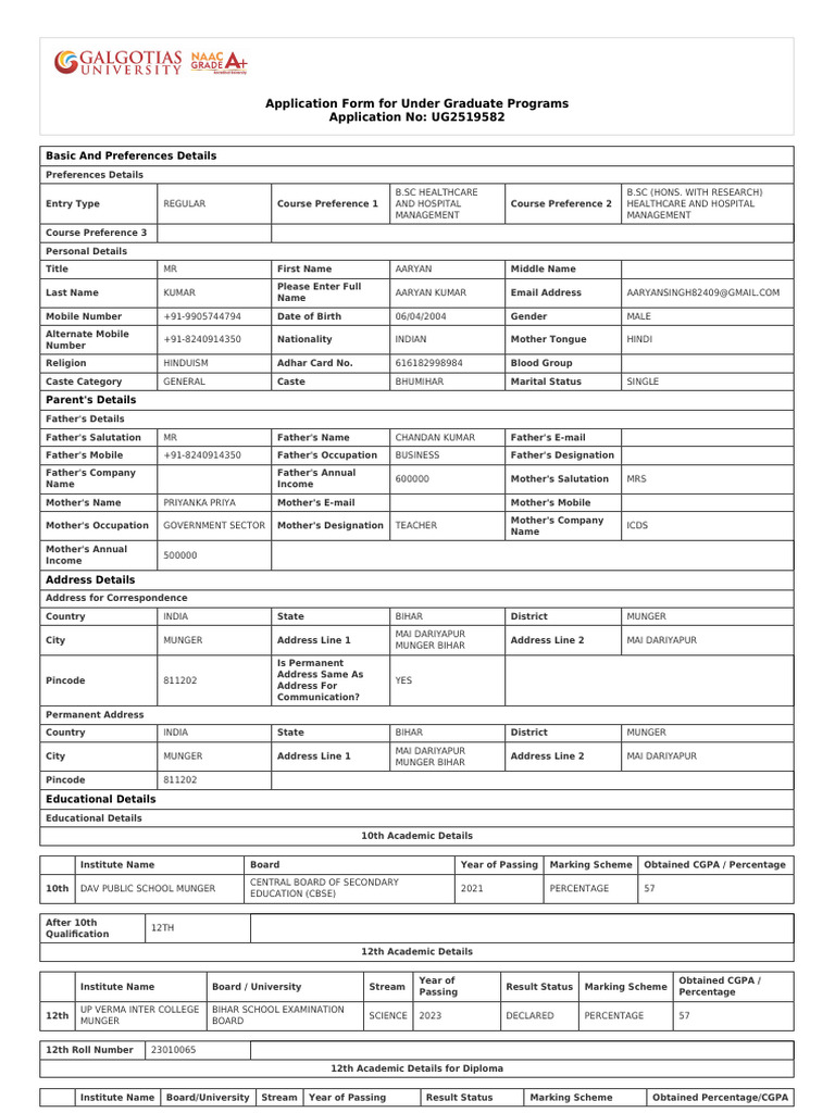UG Application Form for Healthcare Programs | PDF | Educational Stages