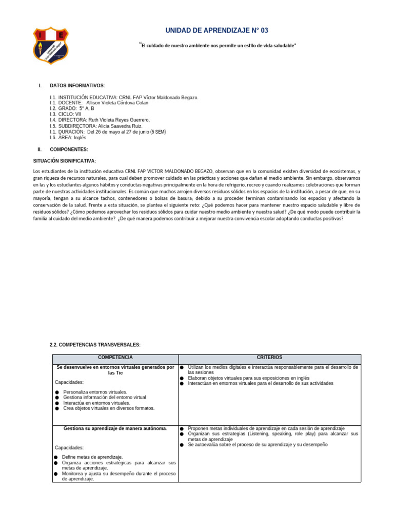 UNIDAD DE APRENDIZAJE 3 5TO SEC A-B INGLES | PDF | Enseñando | Aprendizaje