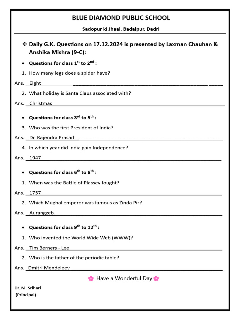 G.K. Questions - 17-12-2024 | PDF