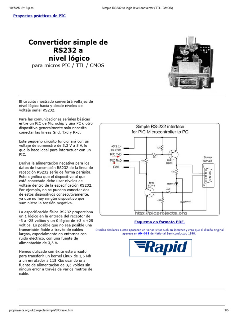 Simple RS232 to logic level converter TTL_CMOS | PDF | Red eléctrica | Condensador