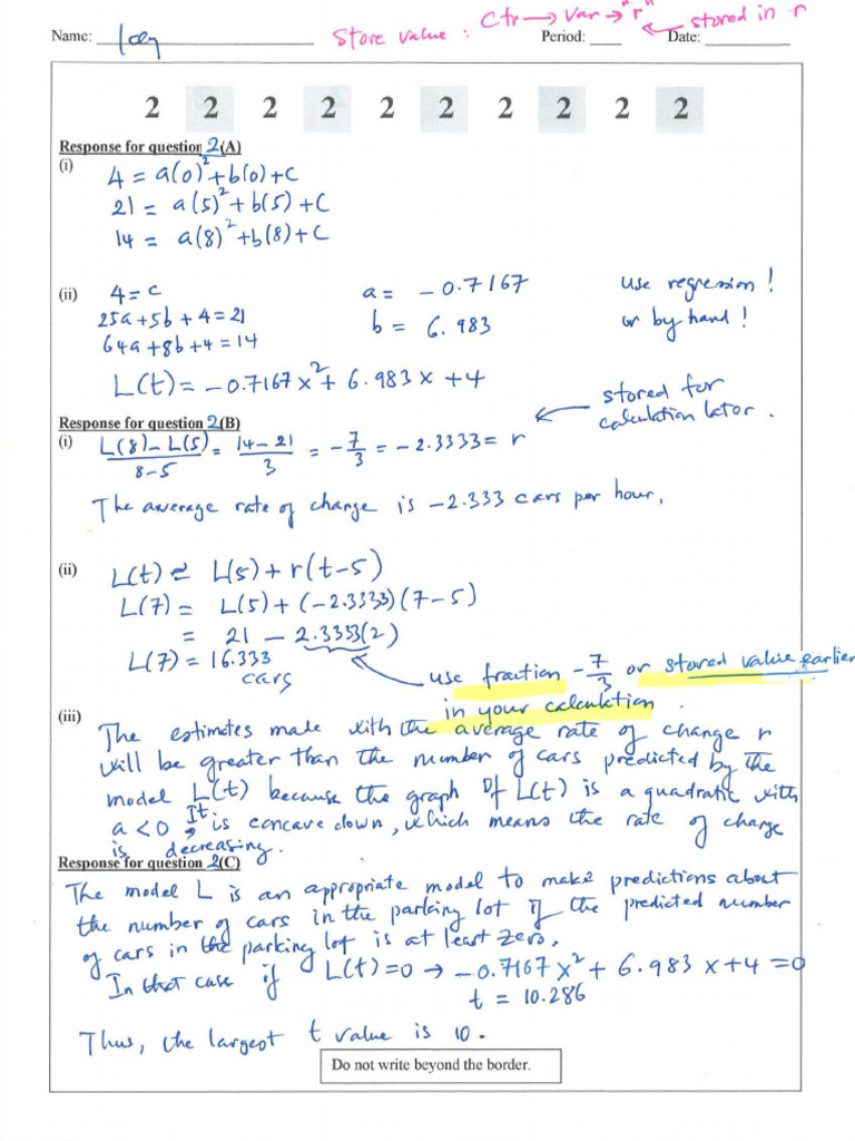 KEY FRQ-2A Quadratic Model | PDF