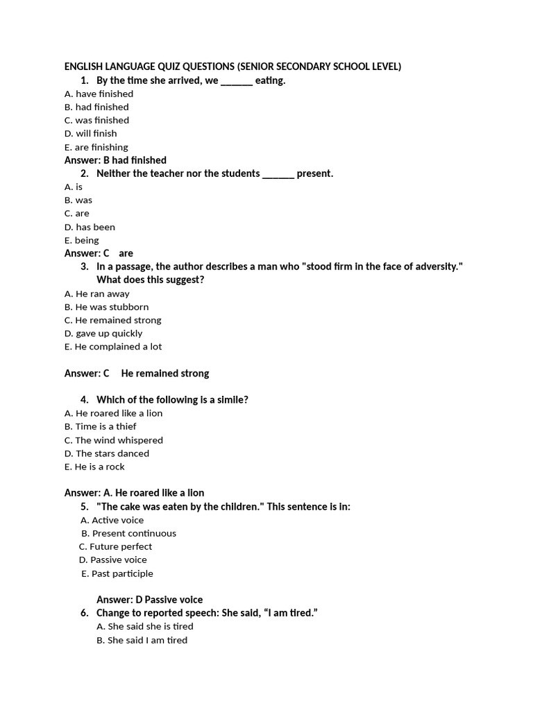 ENGLISH LANGUAGE QUIZ QUESTIONS | PDF
