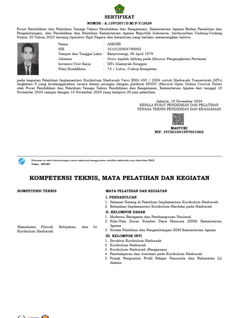 Sertifikat Pelatihan Implementasi Kurikulum Madrasah Versi KMA 450 _ 2024 Untuk Madrasah ...