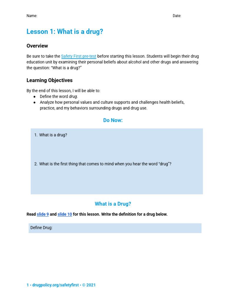 SafetyFirst: Lesson 1 - What Is A Drug - (2021) | PDF | Drugs ...