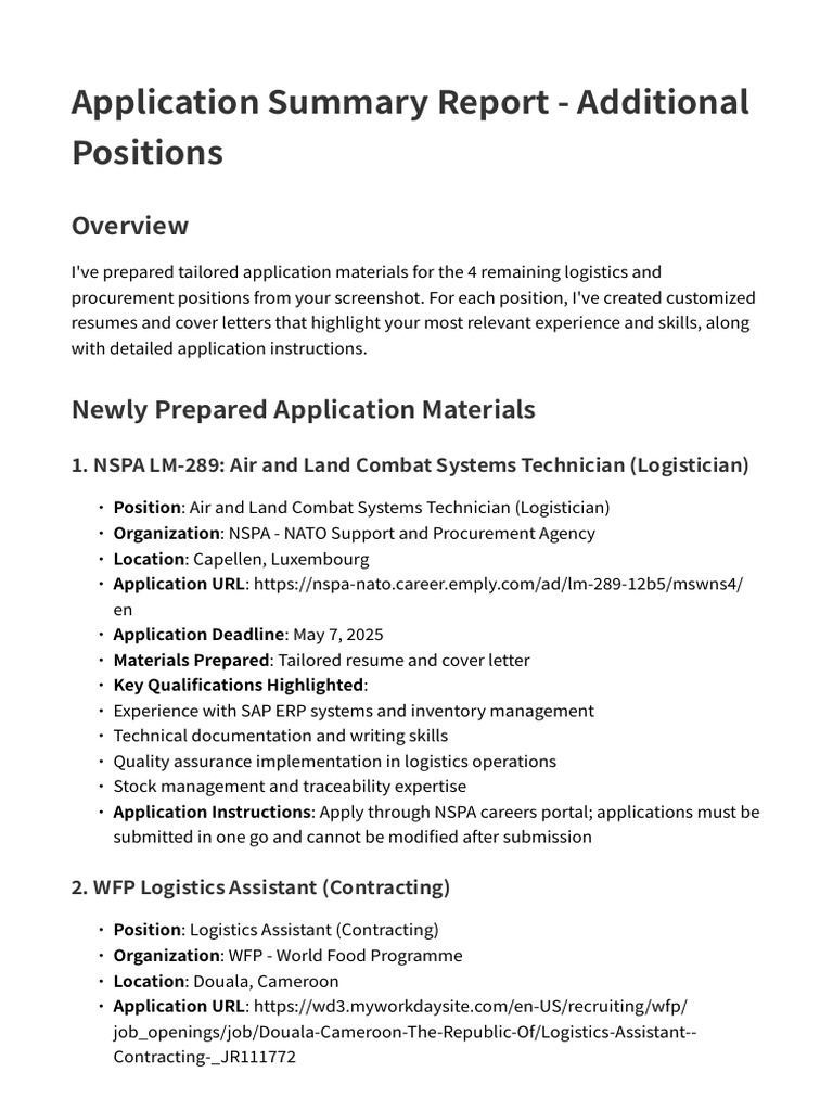 Additional Positions Summary Report | PDF | Logistics | Résumé