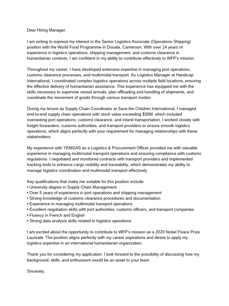 WFP Operations Shipping Cover Letter | PDF | Logistics | Transport