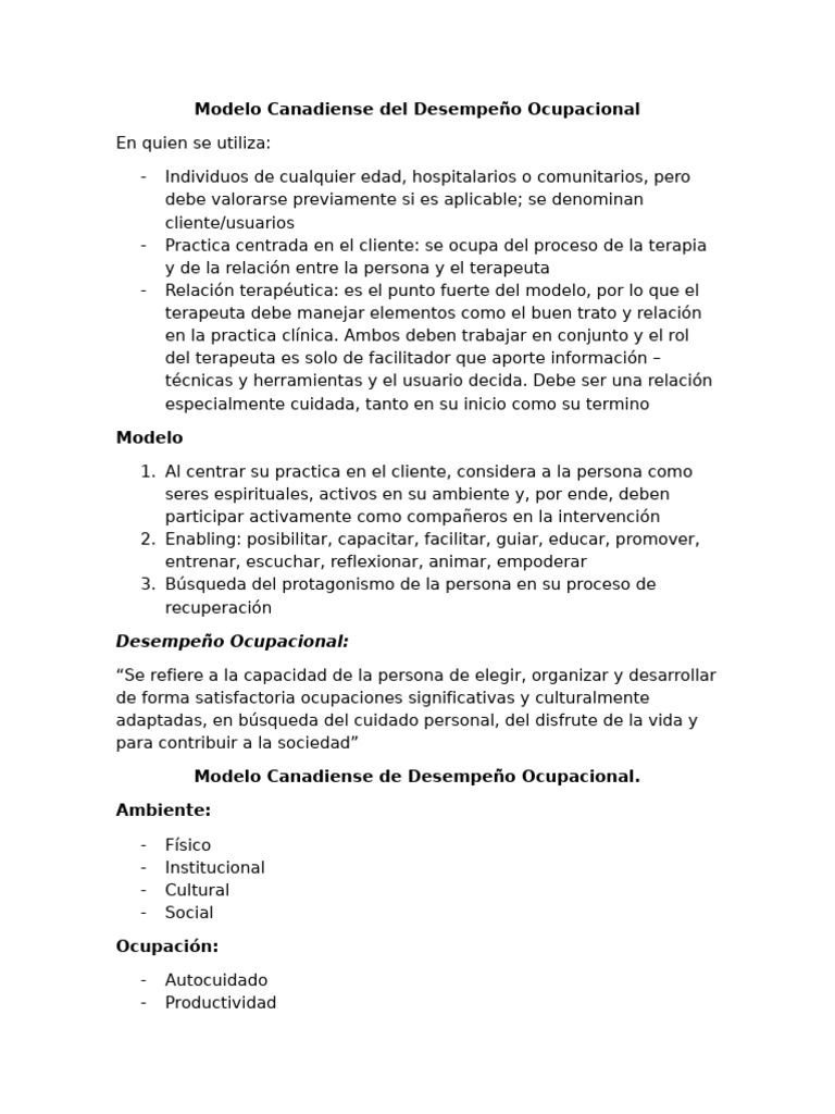 Modelo Canadiense Del Desempeño Ocupacional | PDF | Toma de decisiones | Evaluación