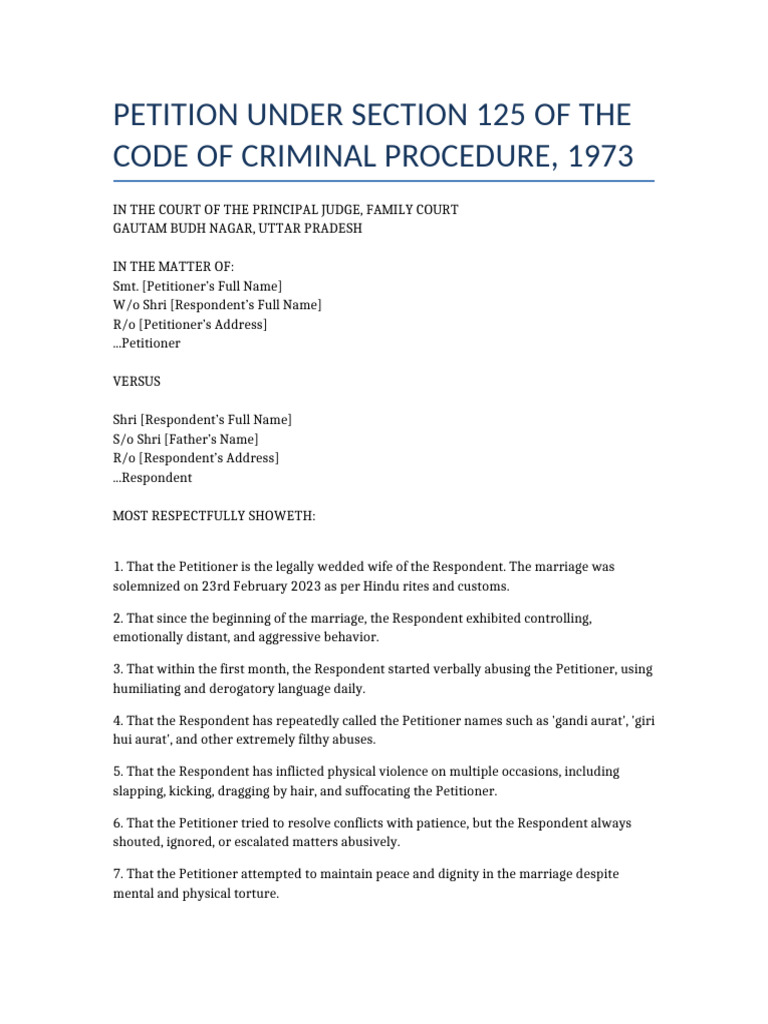 Maintenance Petition Section 125 CRPC | PDF | Aggression | Violence
