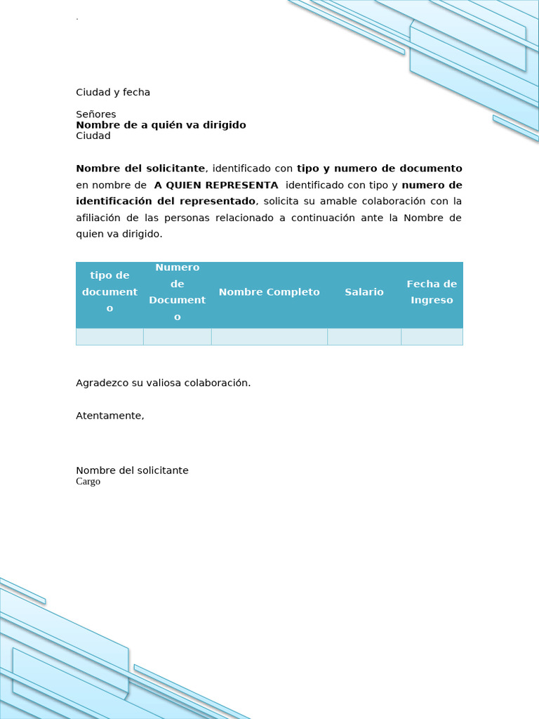 Formato Carta Solicitud Afiliacion Eps | PDF
