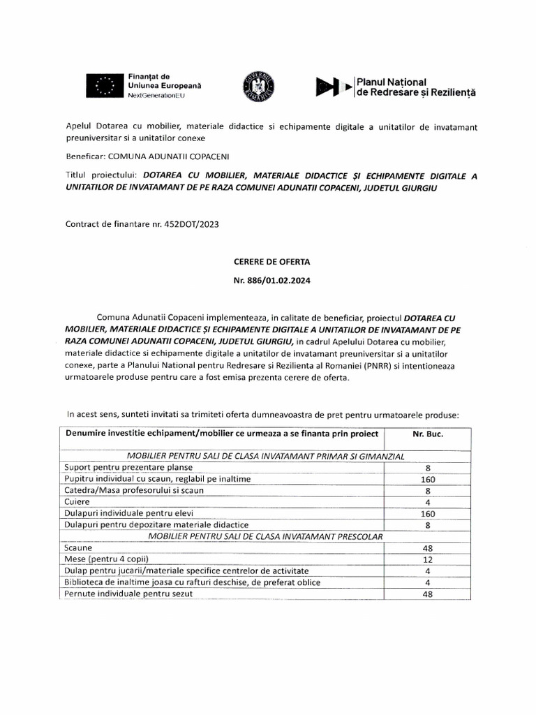Cerere de Oferta Achizitie Directa Mobilier Scolar | PDF