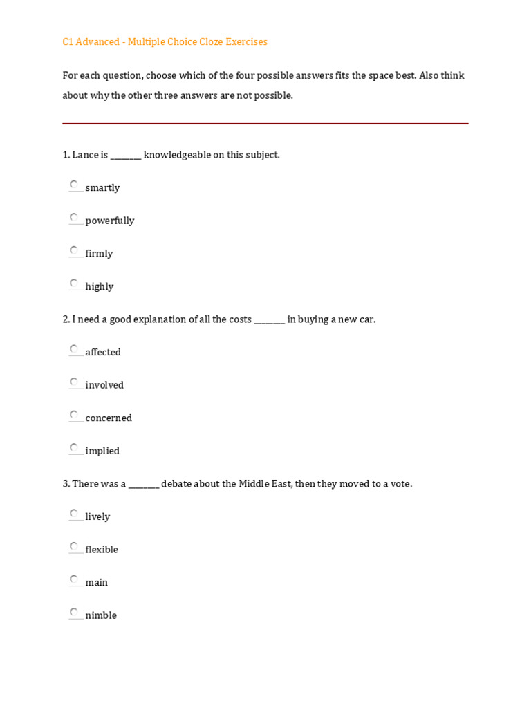 C1 Advanced Multiple Choice Cloze Exercises 2025 | PDF