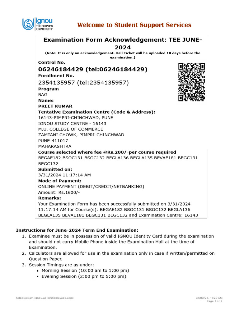 IGNOU - Examination Form Acknowledgement | PDF | Payments