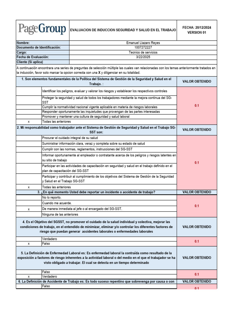 Evaluacion De Induccion 2025 Pdf Seguridad Y Salud Ocupacional