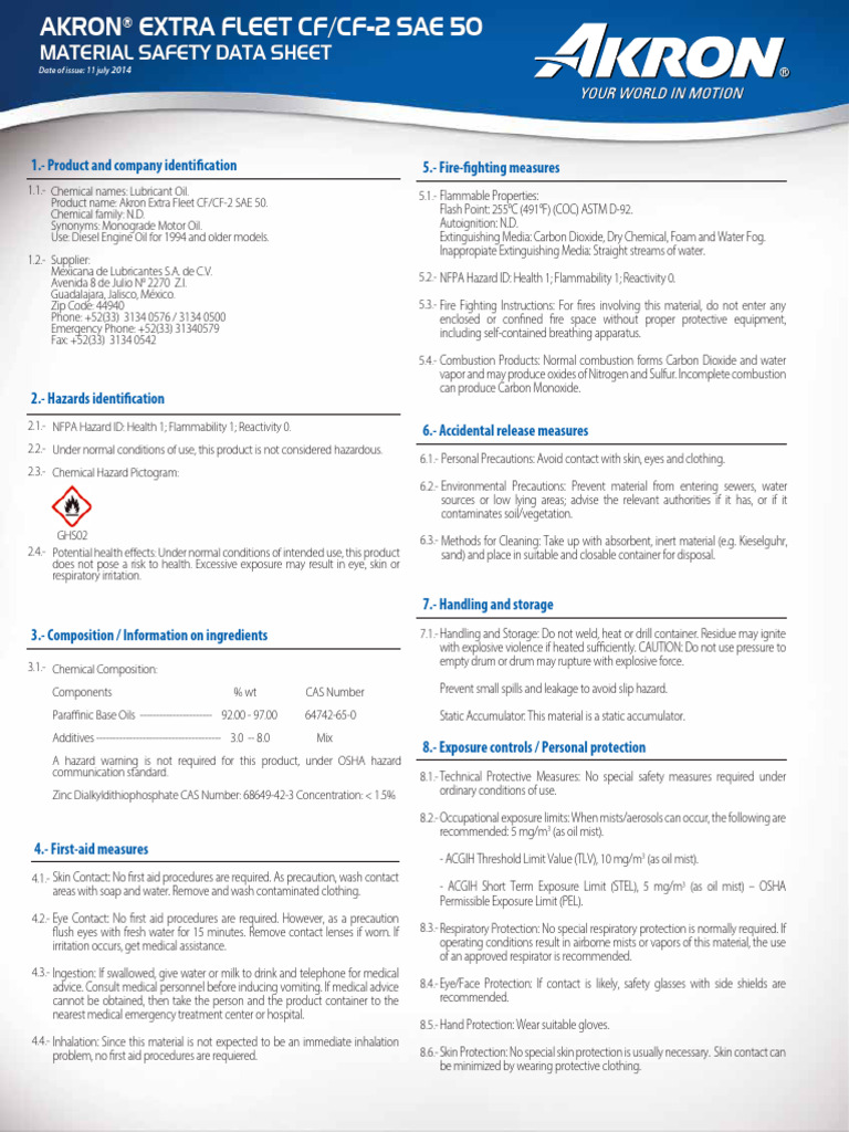 194 MSDS Akron Extra Fleet SAE 50 Ing | PDF | Combustion | Dangerous Goods