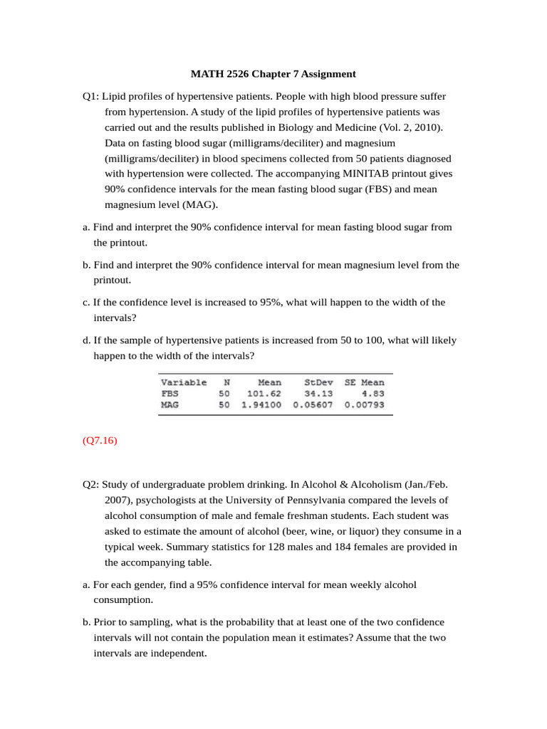 MATH 2526 Chapter 7 Assignment | PDF | Confidence Interval | Standard Deviation