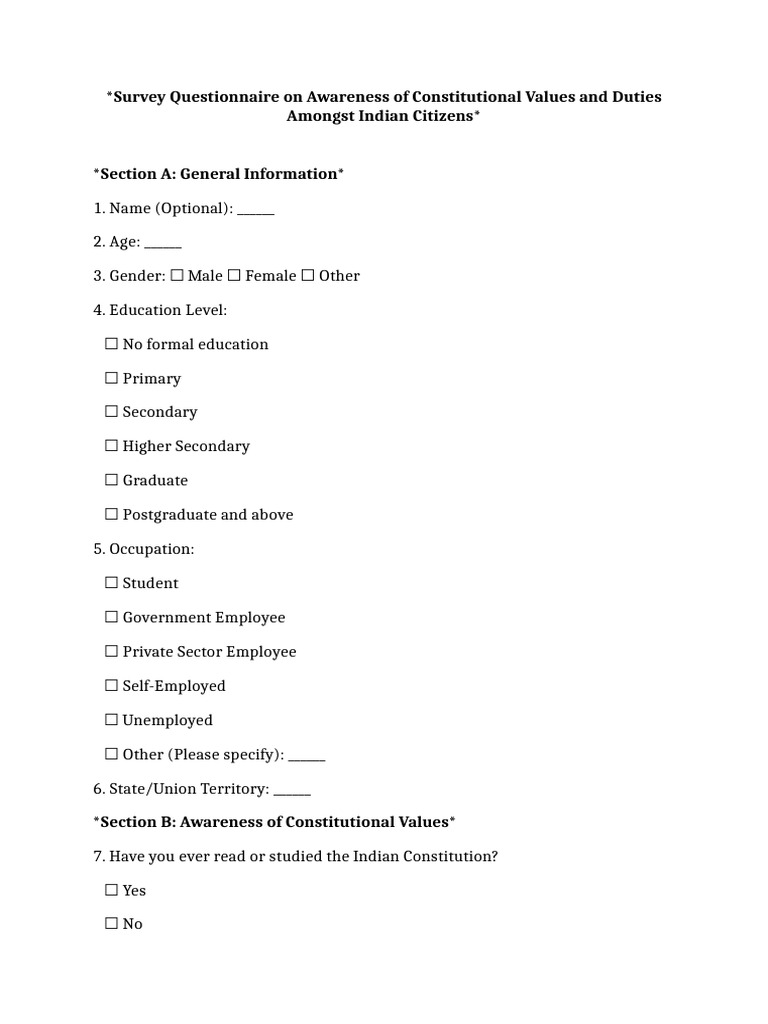Survey Questionnaire On Awareness of Constitutional Values and Duties ...