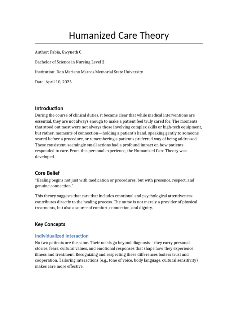 Humanized Care Theory by Student Nurse | PDF | Nursing | Patient