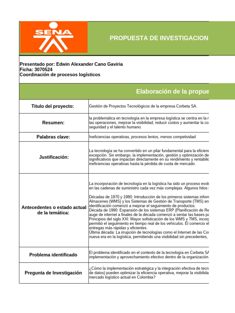 Propuesta de Investigación. GA2 240201064 AA2 EV01. | PDF | Logística ...