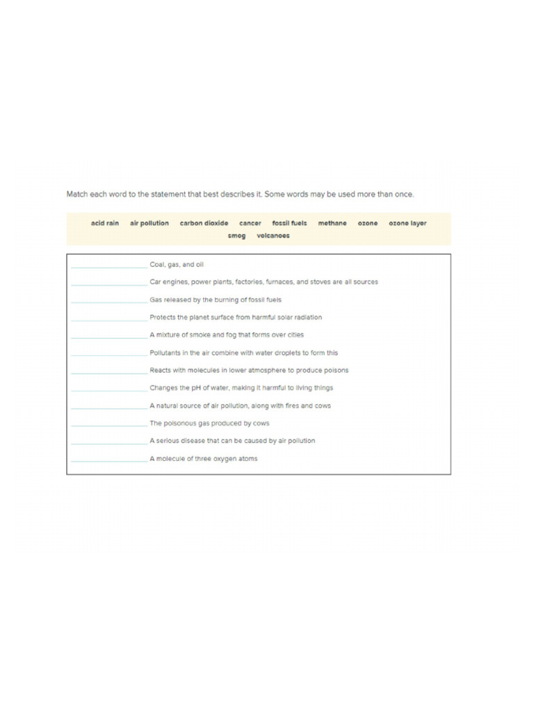 Air Pollution BP Worksheet Matching | PDF