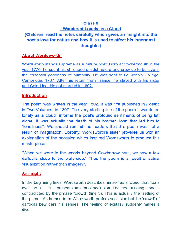 Class 8 - I Wandered Lonely As A Cloud | PDF | William Wordsworth | Poetry