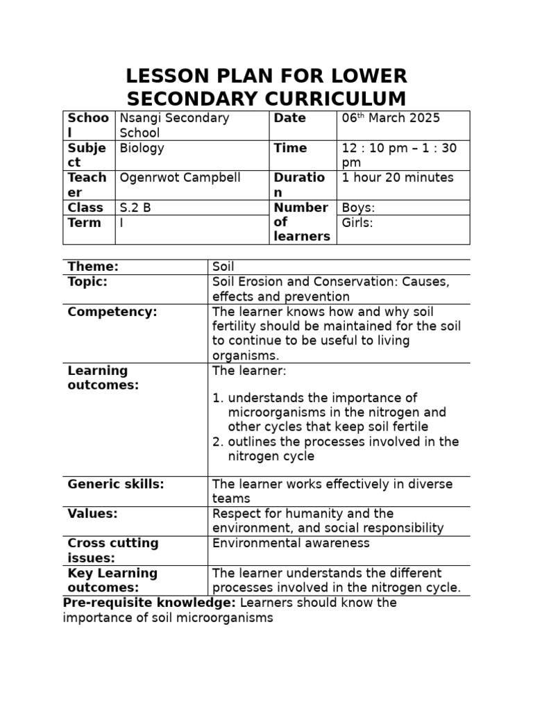 Lesson Plan For Lower Secondary Curriculum | PDF