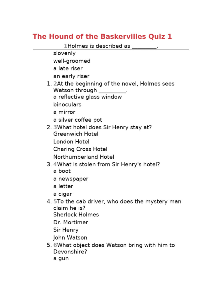 The Hound of The Baskervilles Quiz 1 | PDF | The Hound Of The ...