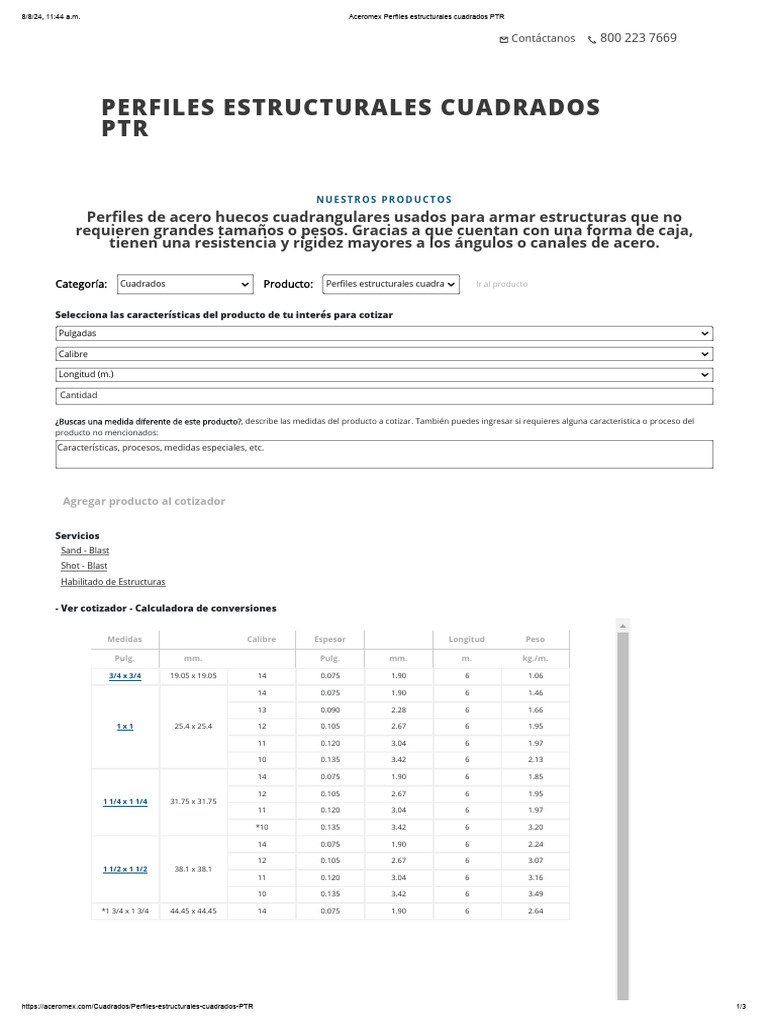 Aceromex Perfiles Estructurales Cuadrados PTR DIMENCIONES Y PESOS | PDF | Acero