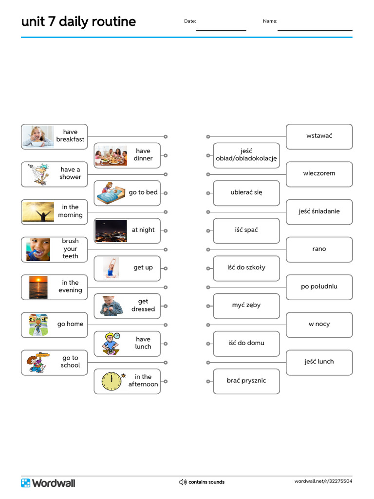 Unit 7 Daily Routine Match Up Line Drawing | PDF