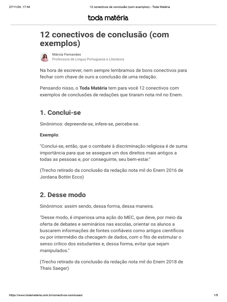 12 Conectivos de Conclusão (Com Exemplos) - Toda Matéria | PDF