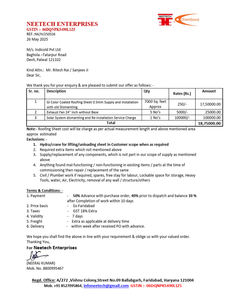 Indicold Roofing Panels Work Offer | PDF