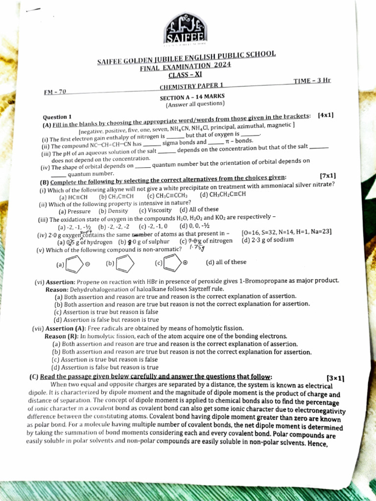 Saifee Hall Question Paper | PDF | Chemical Bond | Chemical Polarity