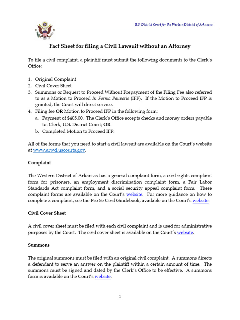 Pro Se Fact Sheet For Filing A Civil Lawsuit 1 | PDF | Complaint | Lawsuit