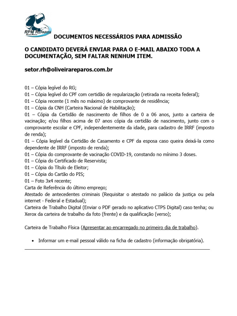 Documentos Necessarios Admissao Funcionario | PDF